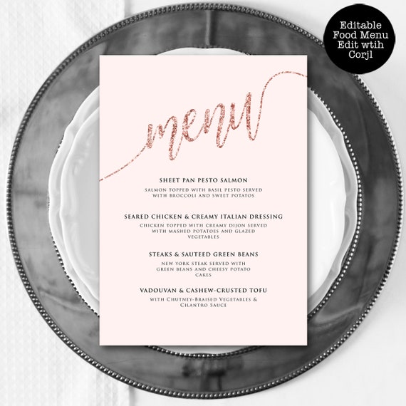 Blush Pink Glitter Dinner Menu, Custom Menu, Food Menu, Glitter Menu ...