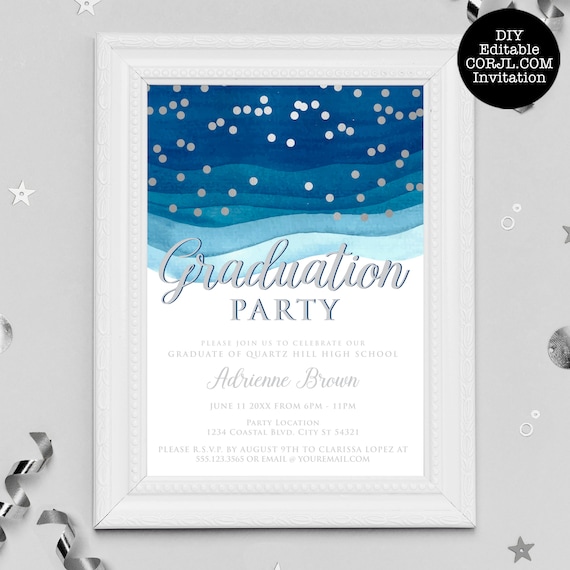 Blue and Silver Graduation Invitations, Graduation Party Invitations ...