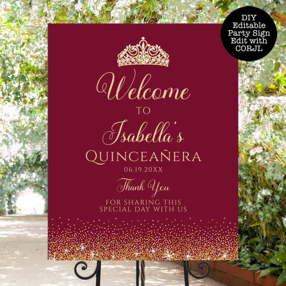 Burgundy and Gold Glitter Welcome Sign, Quinceanera Sign, Sweet 16 Sign ...