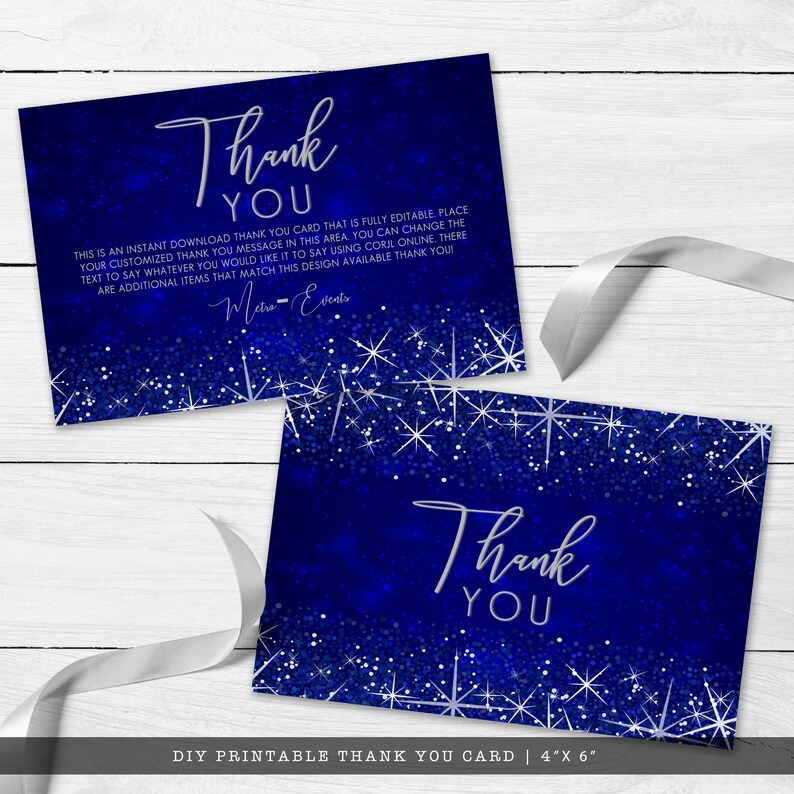 Royal Blue Glitter Thank You Card Blue Thank You Card Custom - Etsy