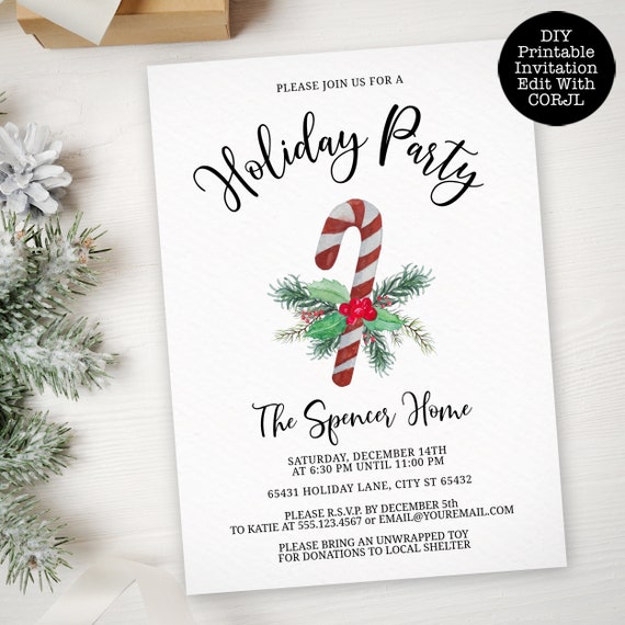 Candy Cane Party Invitation, Printable Template, Edit with CORJL ...