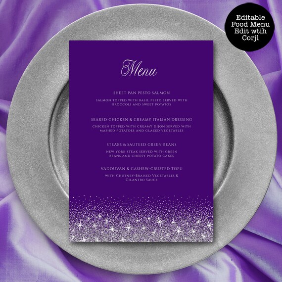 Purple and Silver Glitter Food Menu, Purple Dinner Menu, Food Menu ...