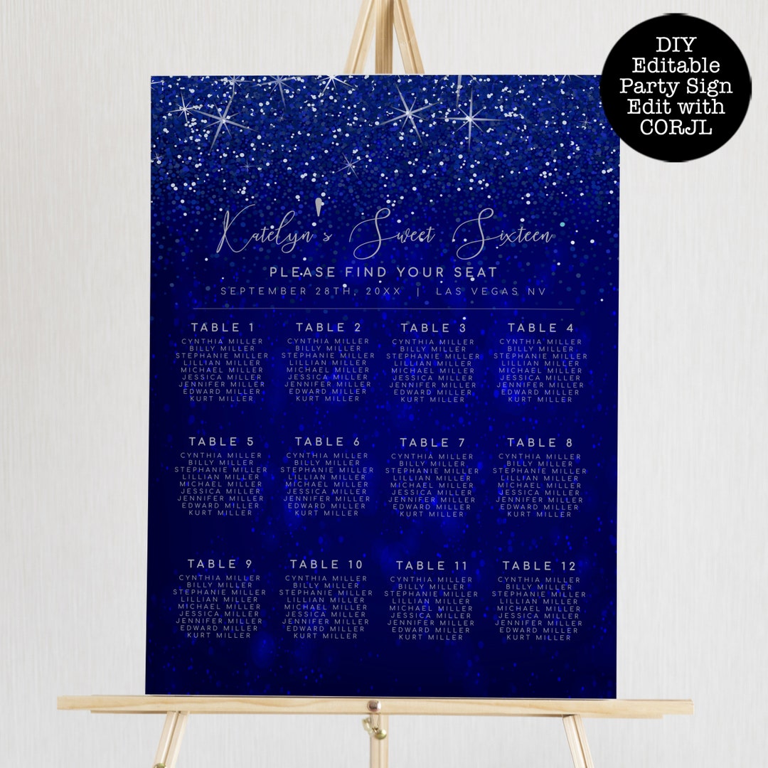 Blue Glitter Custom Seating Chart, Printable Seating Chart Sign ...