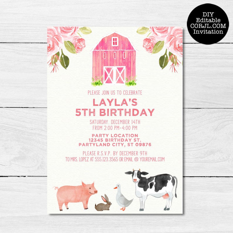 Pink Farm Invitations, Girl Farm Birthday Invitation, Barnyard ...