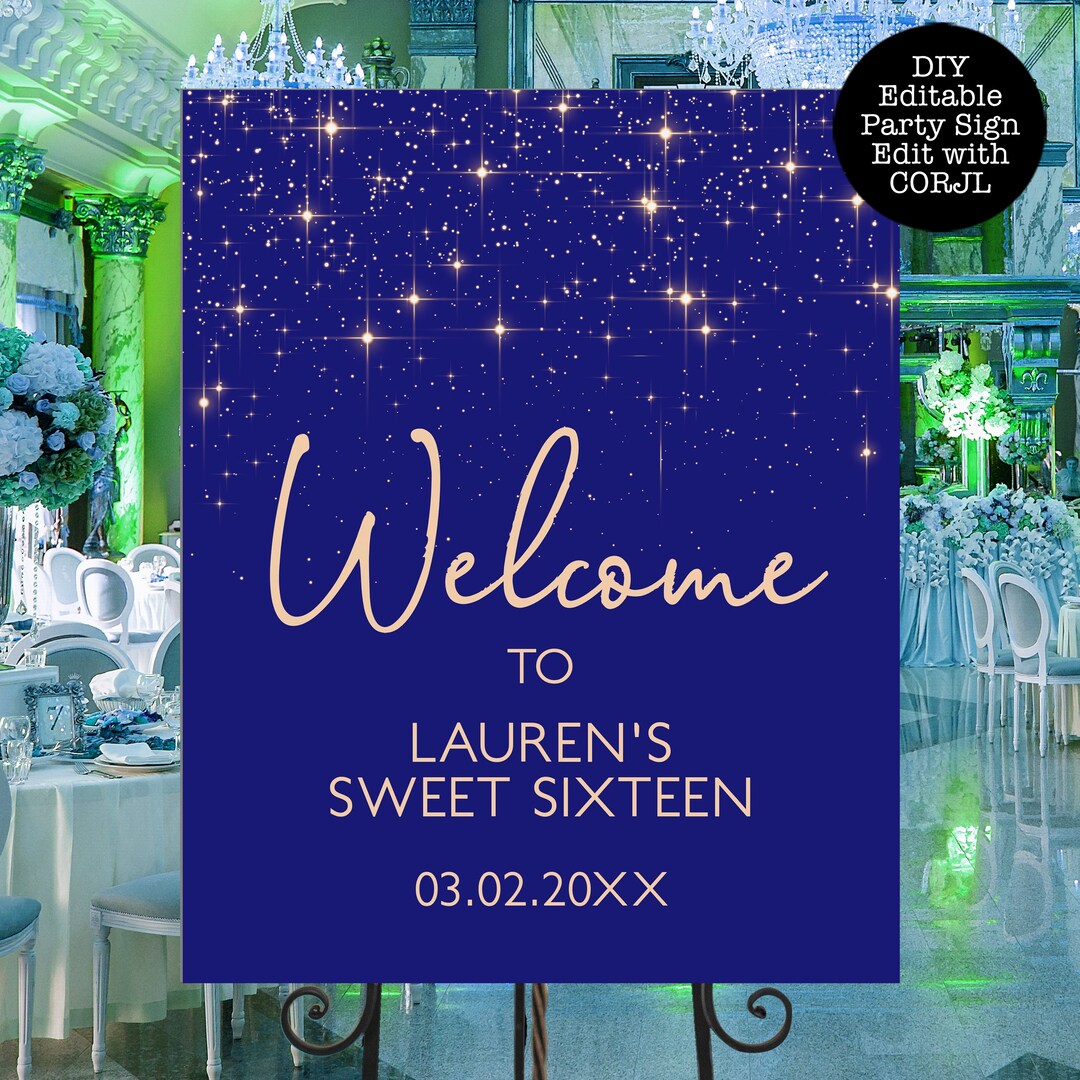 Blue Glitter Welcome Signs, Sweet Sixteen, Printable Party Sign ...