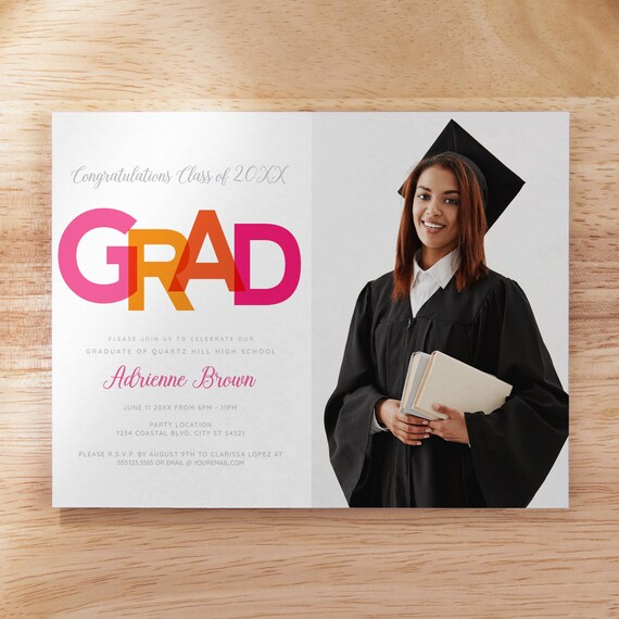 Editable Bright Pink and Orange Graduation Invitations, Graduation ...
