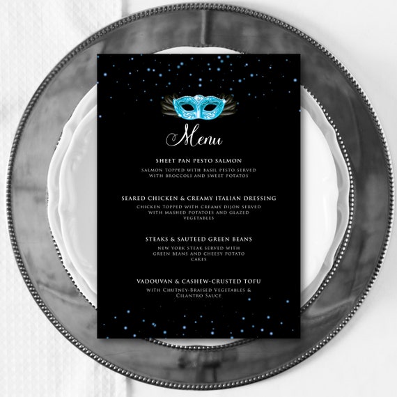 Blue and Black Masquerade Dinner Menu, Custom Menu, Food Menu ...