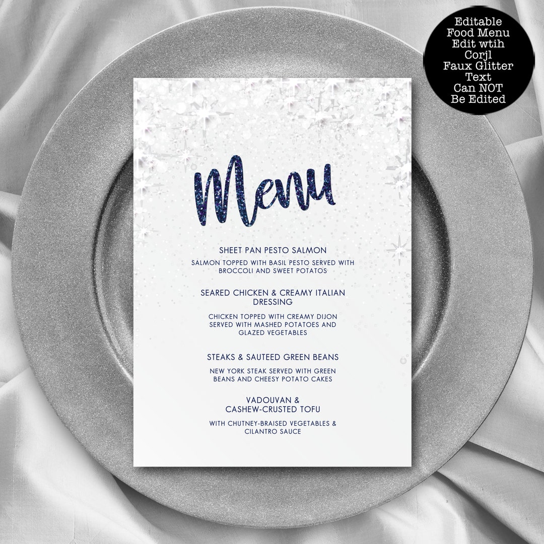 Silver and Blue Glitter Food Menu, Custom Menu, Silver Menu, Dinner ...
