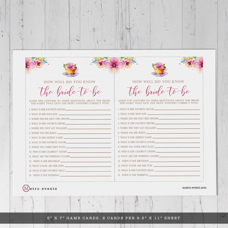 Pink Floral Bridal Shower Game, How Well Do You Know the Bride, Tea ...