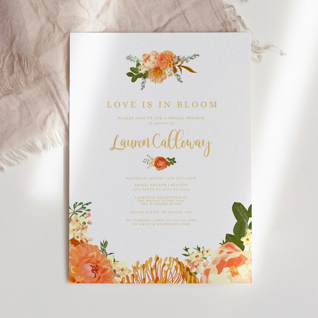 Editable Orange Flower and Gold Bridal Shower Invitations Instant ...