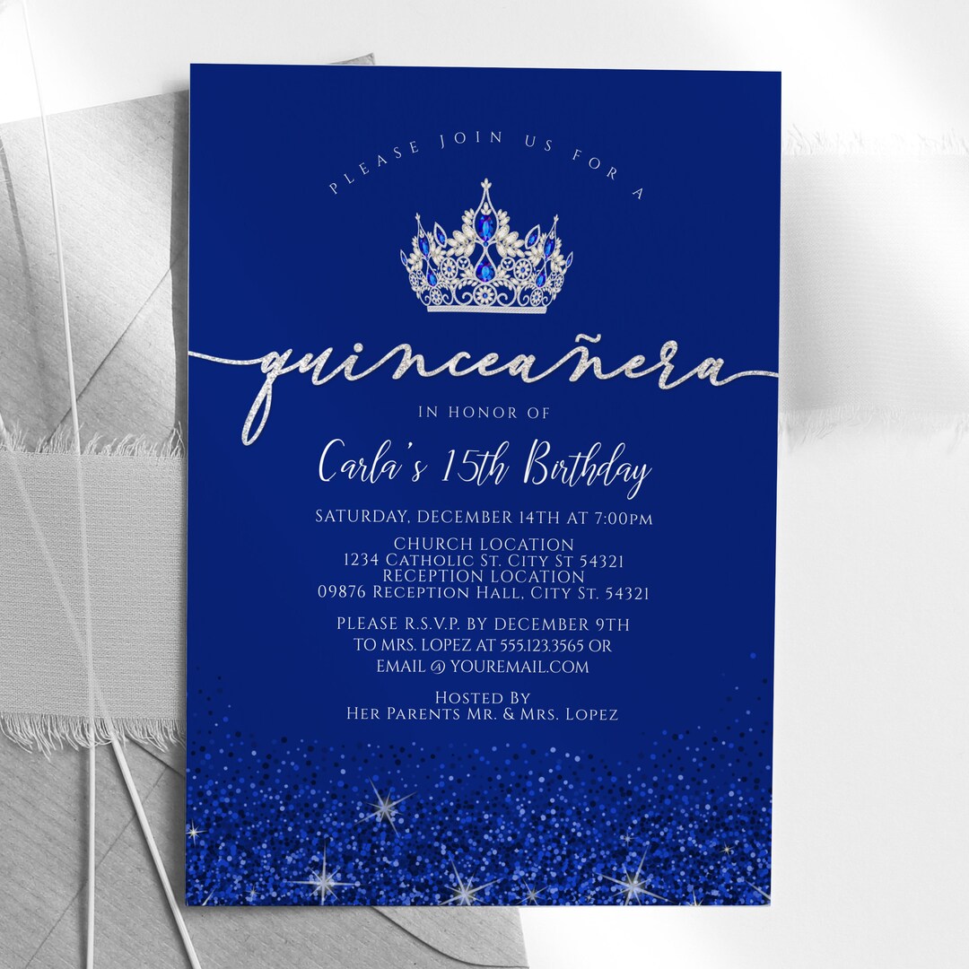 Editable Royal Blue Glitter Quinceanera Invitation, Quinceañera ...