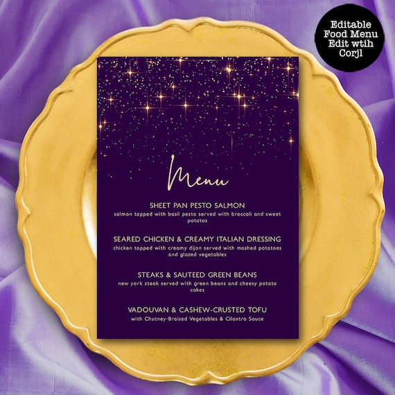 Purple and Gold Food Menu, Custom Menu, Purple Menu, Dinner Menu ...