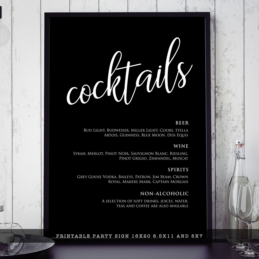 Black and White Cocktail Menu Signs, Modern Party Sign, Cocktail Menu ...