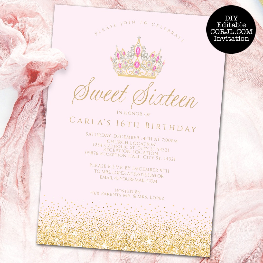 Pink Sweet Sixteen Invitations, Gold and Pink Glitter Sweet 16 ...