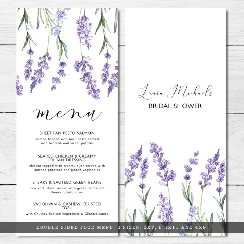 Country Lavender Food Menu Purple Floral Menu Custom Dinner - Etsy