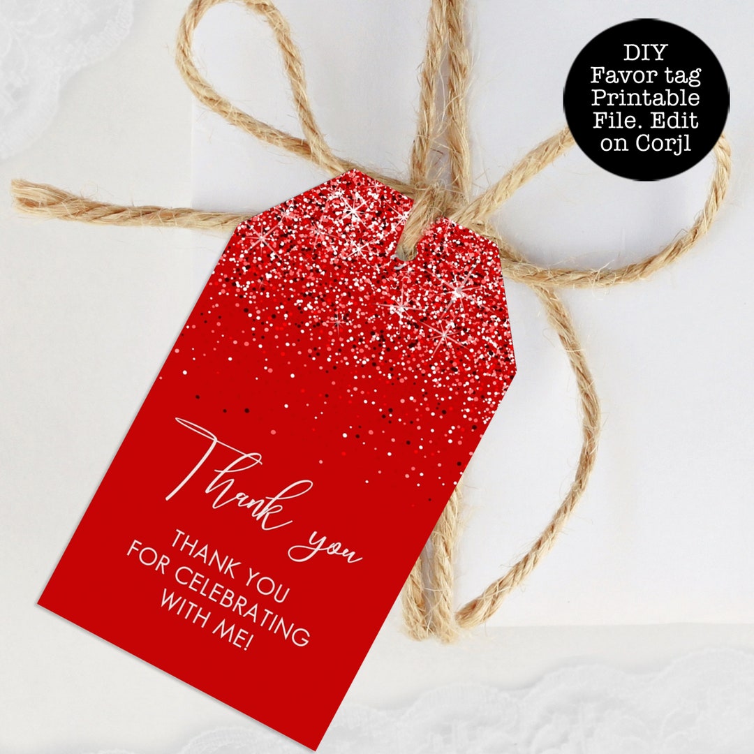 Red Thank You Tags, Red Glitter Favor Tags, Glitter Gift Tags, Editable ...