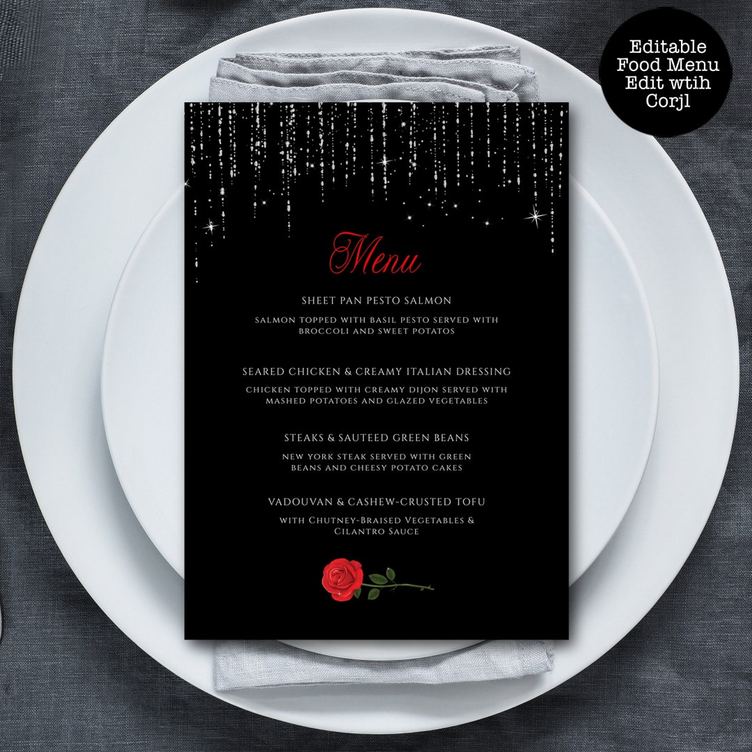 Red Rose Menu Silver Glitter Dinner Menu Food Menu Dinner - Etsy