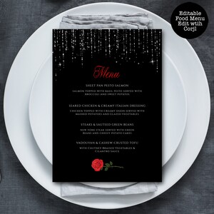 Red Rose Menu Silver Glitter Dinner Menu Food Menu Dinner | Etsy