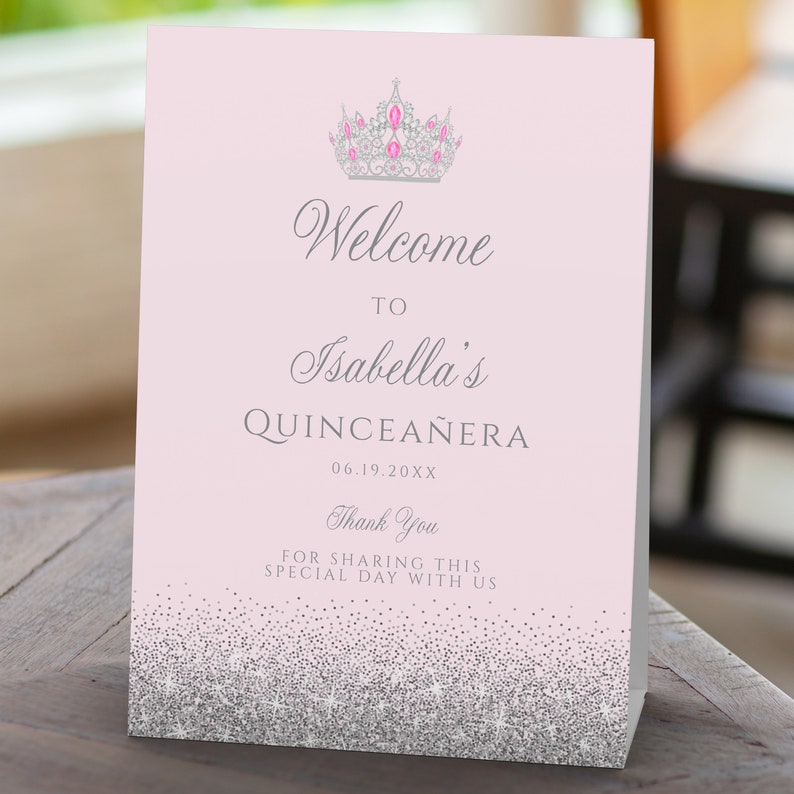 Pink and Silver Welcome Sign, Printable Sign, Pink and Silver Glitter ...