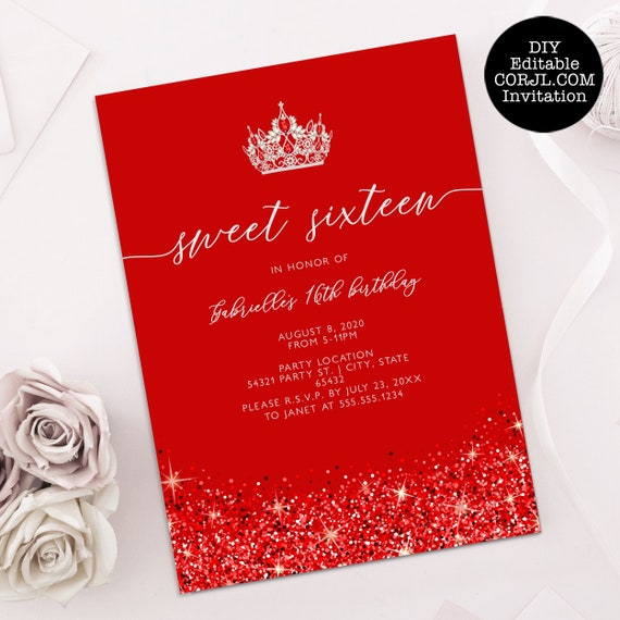 Red Glitter Sweet Sixteen Party Invitation, Sweet 16 Invitations, Red ...