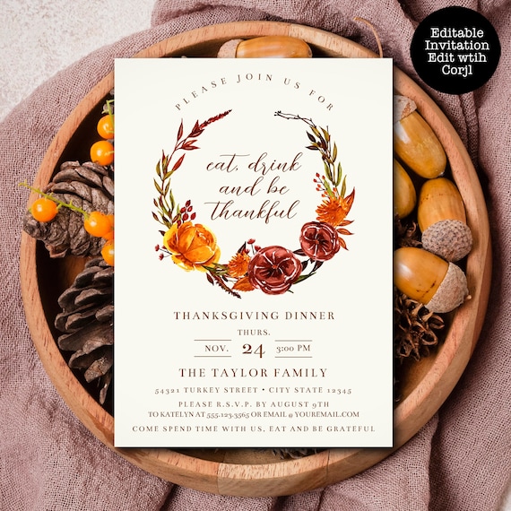 Floral Thanksgiving Invitations Invitation Template Edit - Etsy