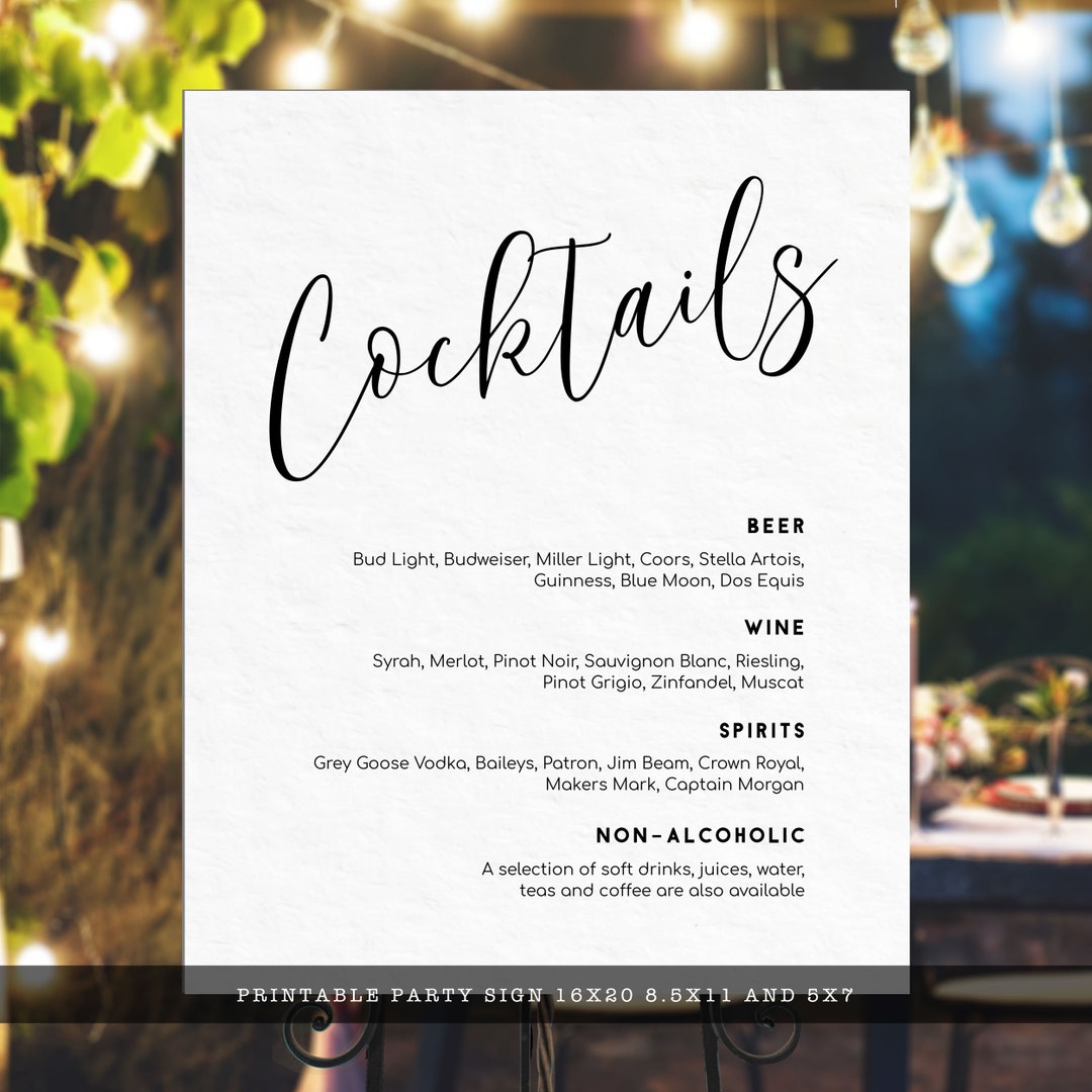 Calligraphy Cocktail Menu Sign: Printable Bar Menu (instant Download ...