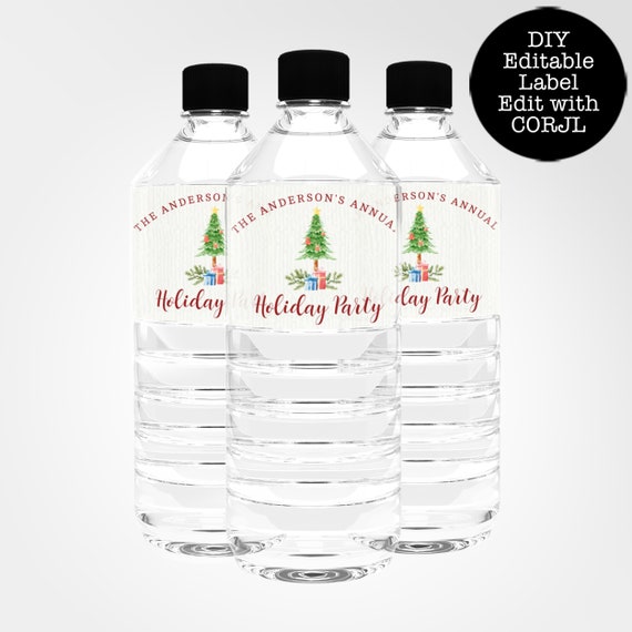 Editable Holiday Tree Water bottle Labels, Christmas Tree Beverage ...