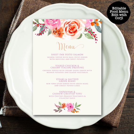 Hot Pink and Orange Food Menu Floral Menu Food Menu Dinner - Etsy