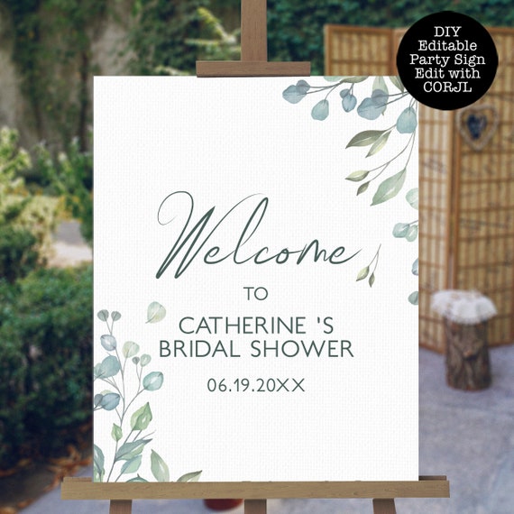 Green Leaves Welcome Sign, Printable Party Sign, Greenery Sign, Instant ...