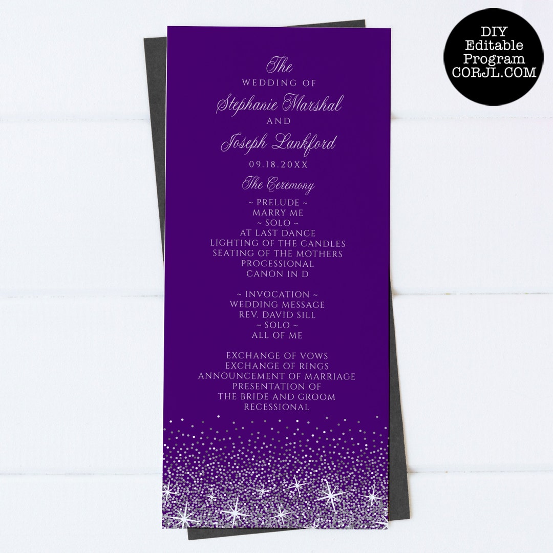 Purple and Silver Glitter Wedding Program, Purple Glam Wedding Program ...