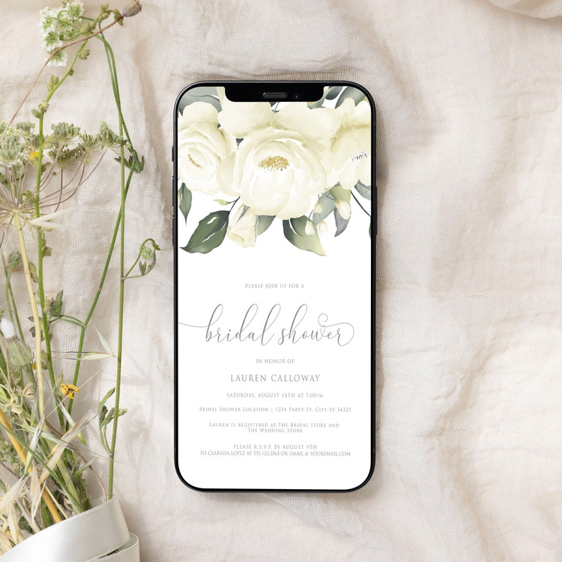 Editable Elegant White Roses Bridal Shower Evite Invitation - Etsy