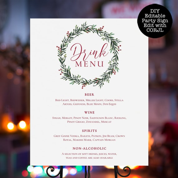 Christmas Wreath Drink Menu Signs Drink Menu Template Drink Menu Sign 
