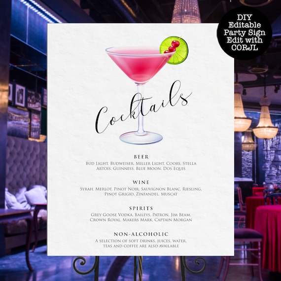Pink Drink Menu Sign, Bar Menu, Cosmo Menu Template, Editable Menu Sign ...