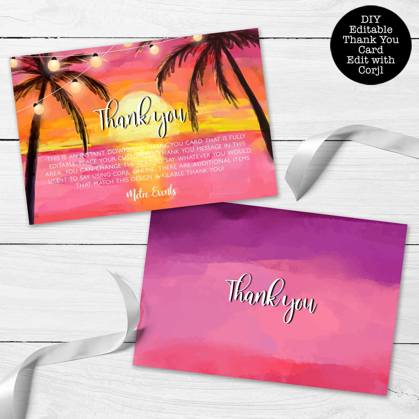 Pink Sunset Thank You Card Tropical Thank You Card Printable - Etsy