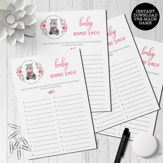 Baby Name Race, Girl Baby Shower Game, Hippo Themed, Instant Download ...