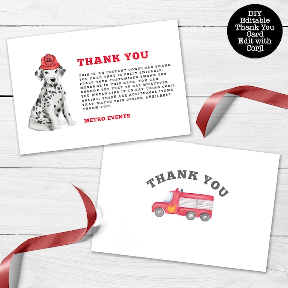 Fireman Thank You Card, Firefighter Birthday, Thank You Note, Instant ...