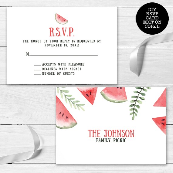 Editable Watermelon RSVP card, Summer Party rsvp Card Template, Instant ...