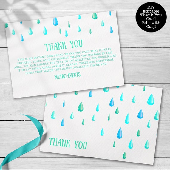 Rain Shower Thank You Cards, Custom Thank You Cards, Aqua Raindrop ...