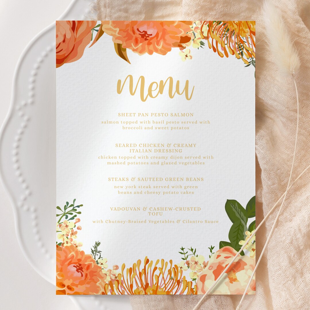 Printable Food Menu, Orange and White Floral Dinner Menu, Food Menu ...