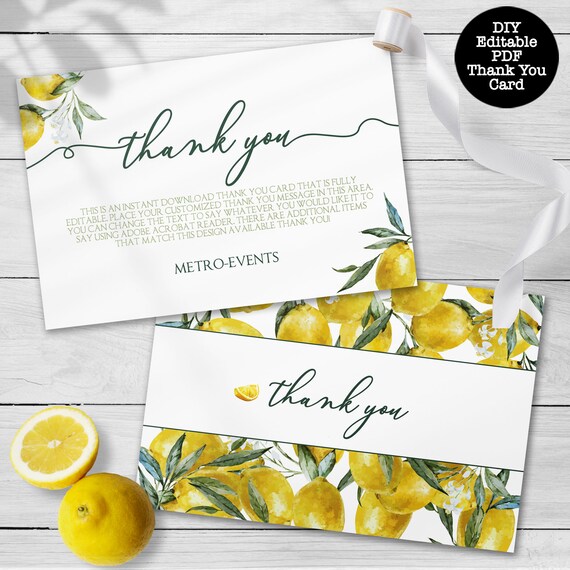 Vibrant Lemon Thank You Cards, Printable Thank You Card, Fruit Thank ...