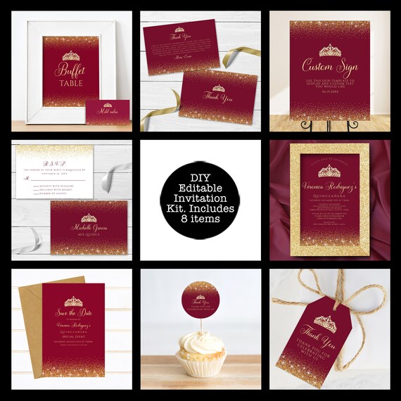 Red and Gold Glam Invitation Set, Printable Invitation Kit, Gold ...