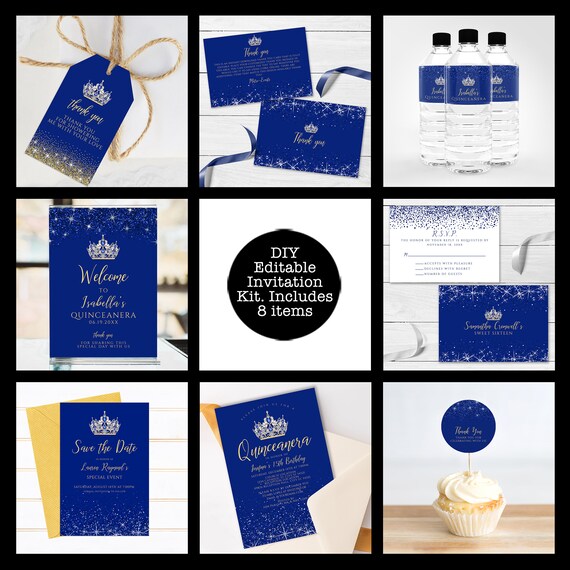 Royal Blue Glitter Glam Invitation Set, Printable Invitation Kit, Gold ...