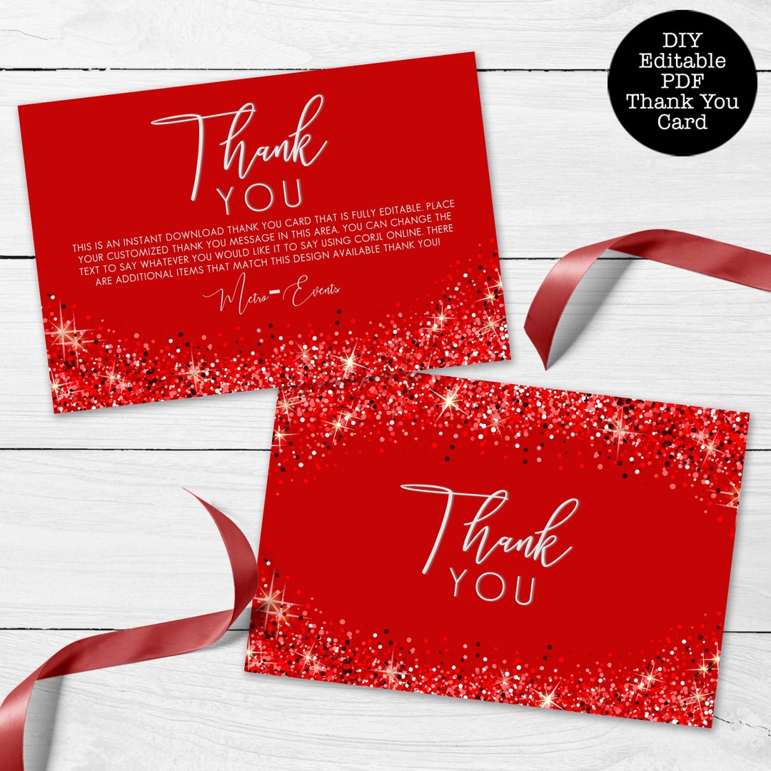 Red Thank You Card, Glitter Thank You Card, Red Glitter Thank You Card ...