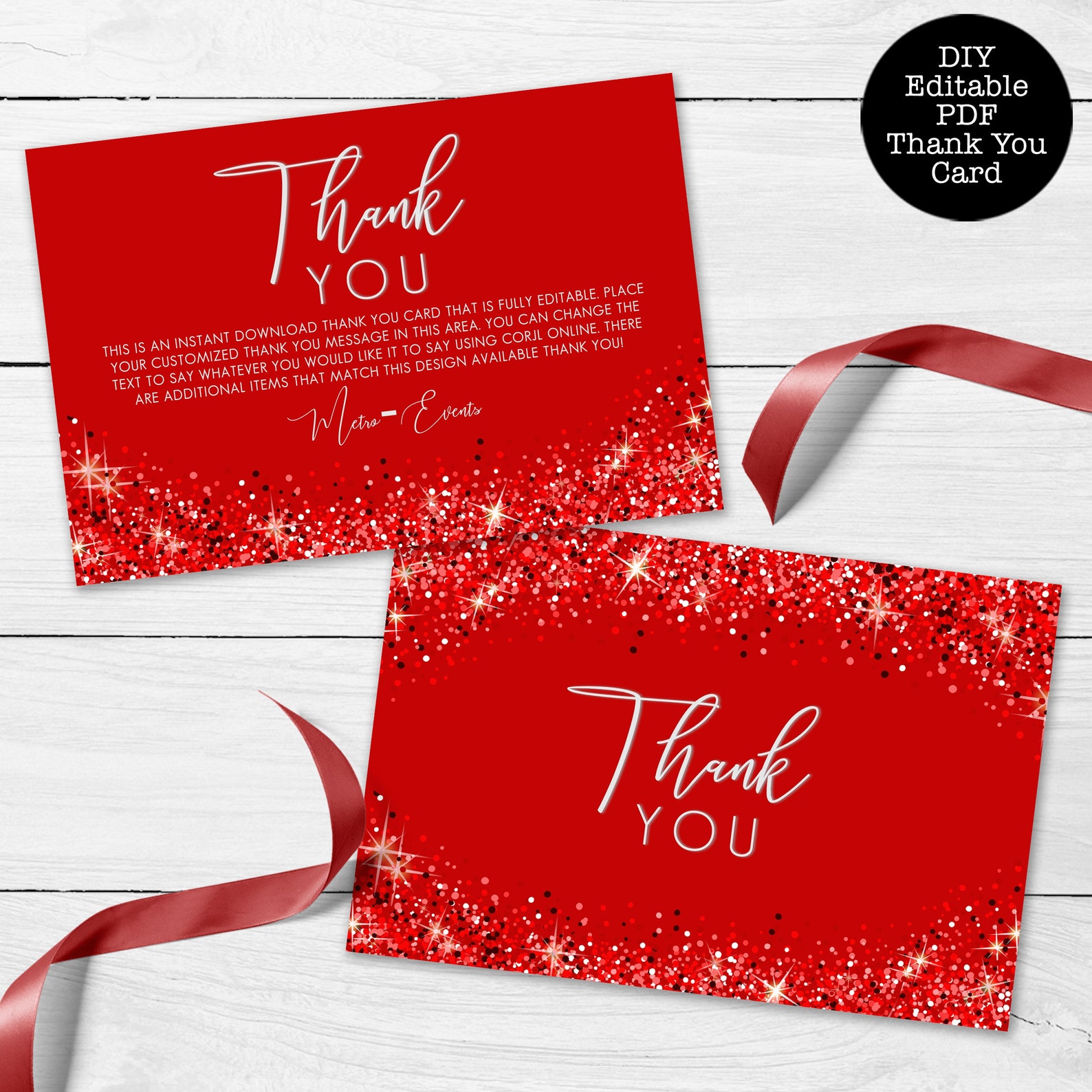 Red Thank You Card Glitter Thank You Card Red Glitter Thank - Etsy