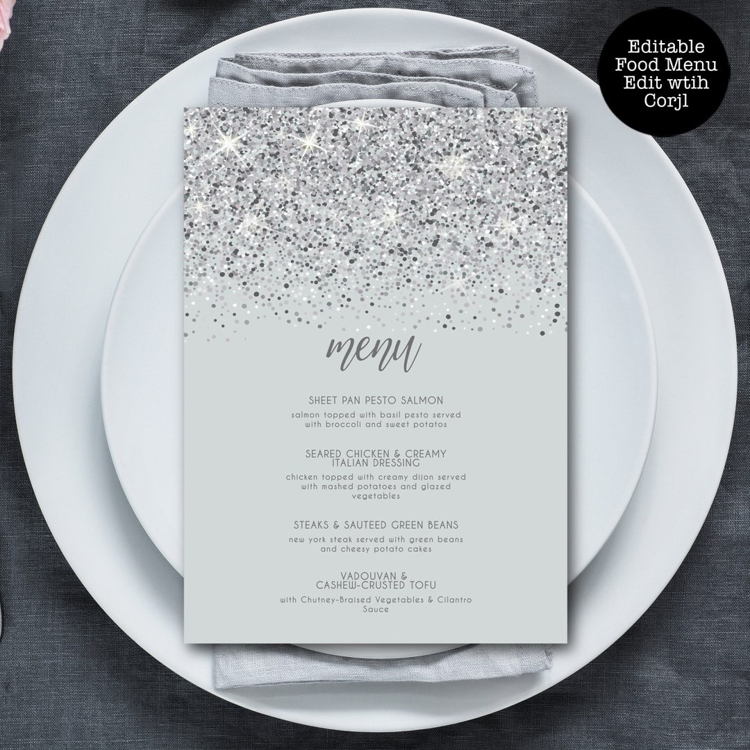 Silver Glitter Food Menu, Custom Menu, Silver Glitter Menu, Dinner Menu ...