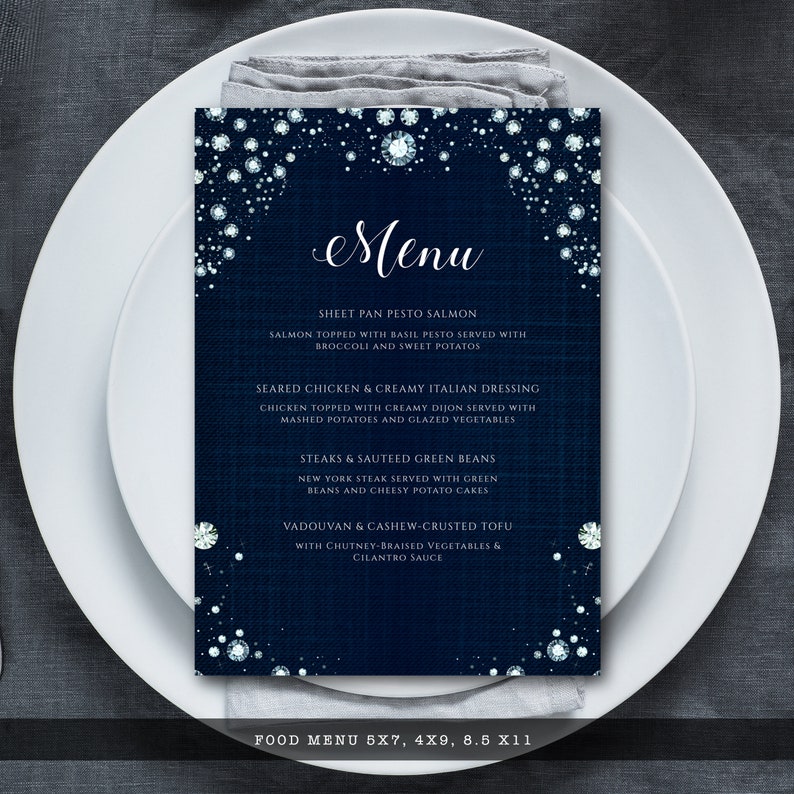 Denim and Diamond Food Menu, Diamond Themed Menu, Custom Dinner Menu ...