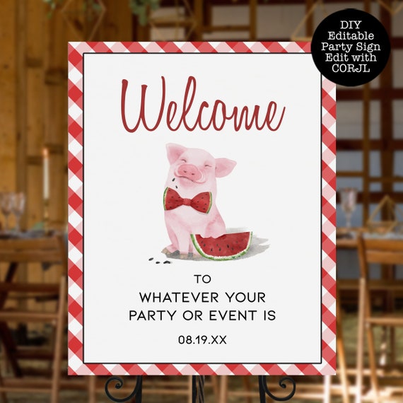 Summer Pig Welcome Signs, Editable Pig Party Sign, Printable Party Sign ...