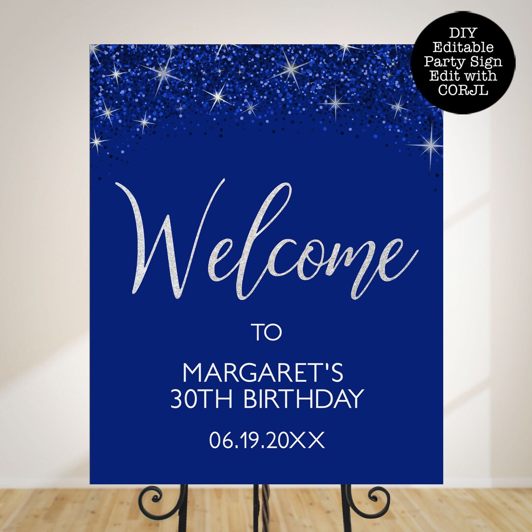 Glamorous Blue Glitter Welcome Sign: Editable Party Decor (instant ...