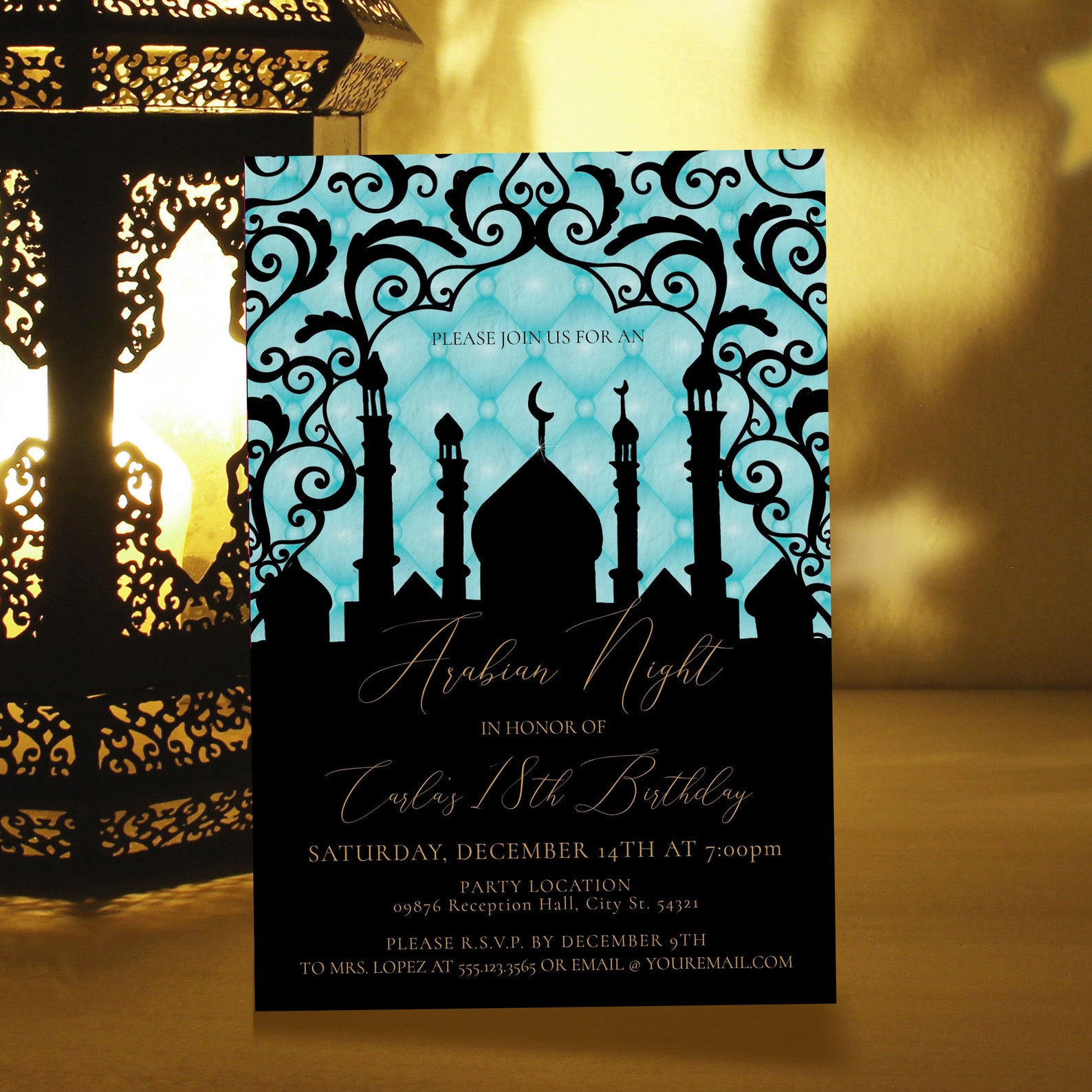 Teal Arabian Night Themed Party Invitations Printable | Etsy