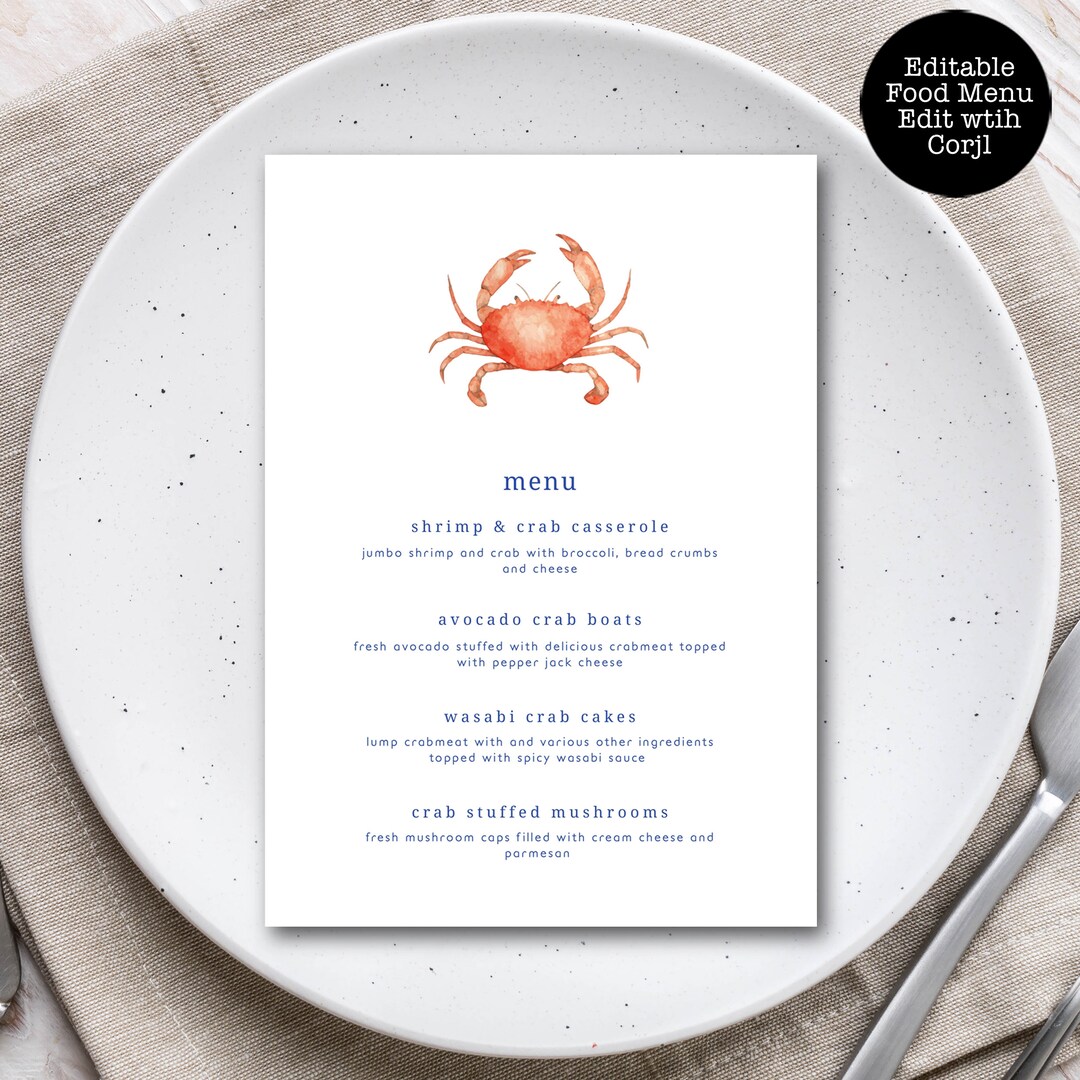 Crab Fest Food Menu, Seafood Party Menu, Beach Themed Menu, Dinner Menu ...